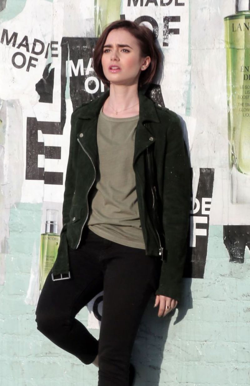 LILY COLLINS on the sSet of a Lancome Ads in Los Angeles 01/14/2016 ...