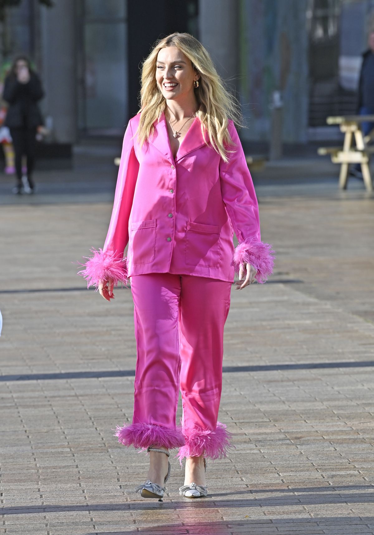 PERRIE EDWARDS in a Feather Trimmed Pink Pyjama Set Out in Manchester ...