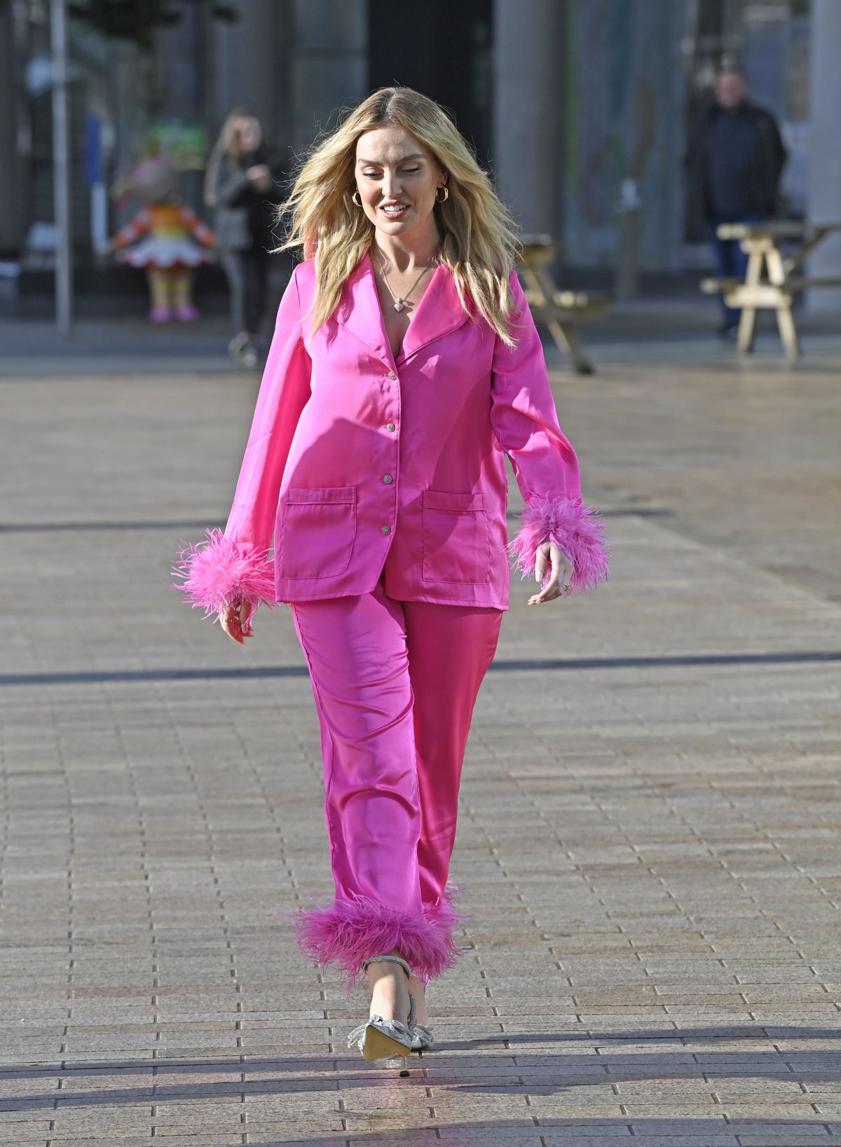 PERRIE EDWARDS in a Feather Trimmed Pink Pyjama Set Out in Manchester ...