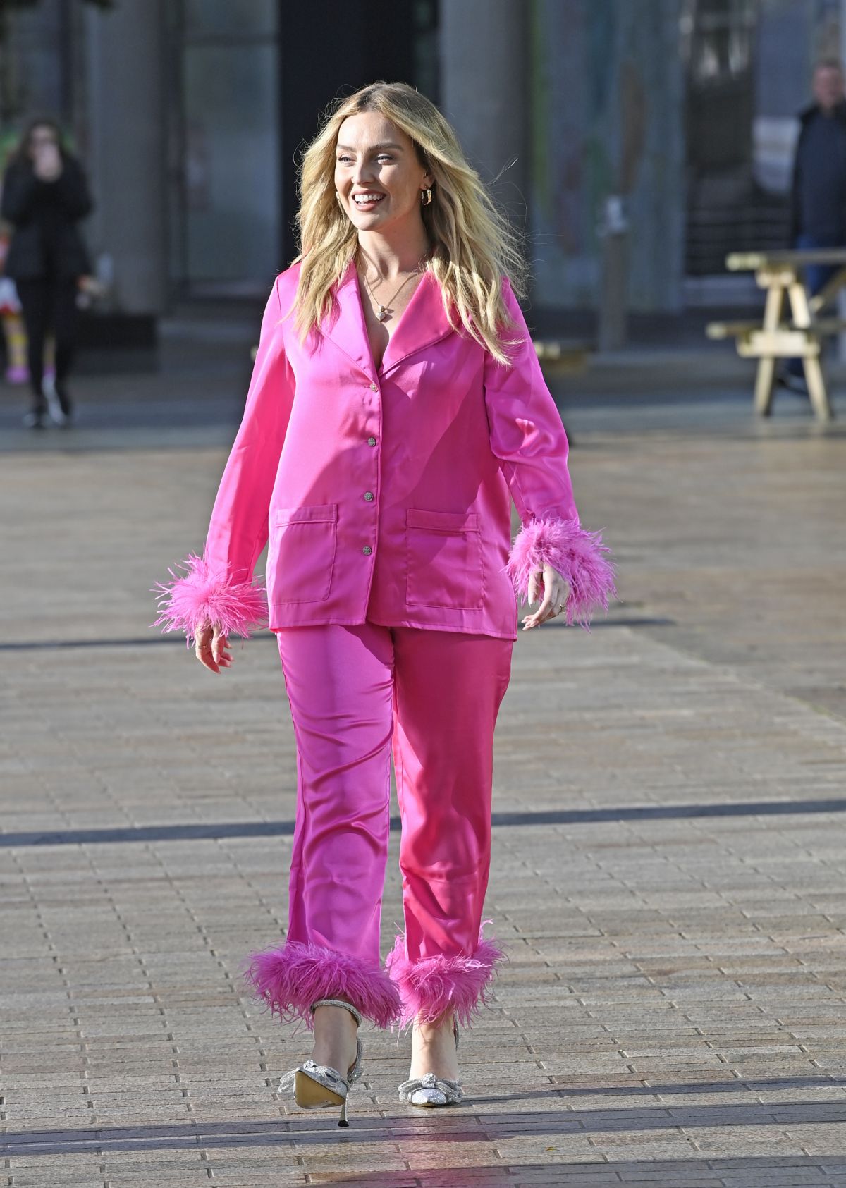 PERRIE EDWARDS in a Feather Trimmed Pink Pyjama Set Out in Manchester ...