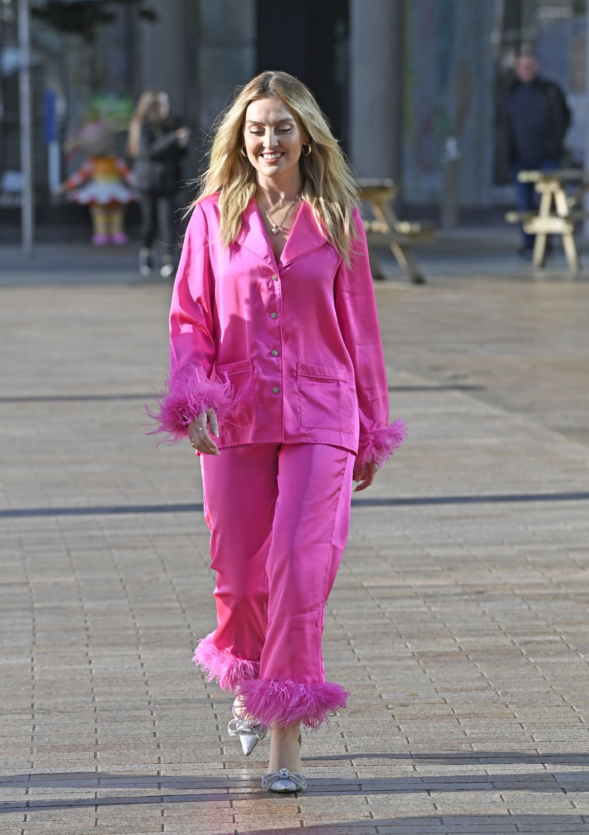 PERRIE EDWARDS in a Feather Trimmed Pink Pyjama Set Out in Manchester ...