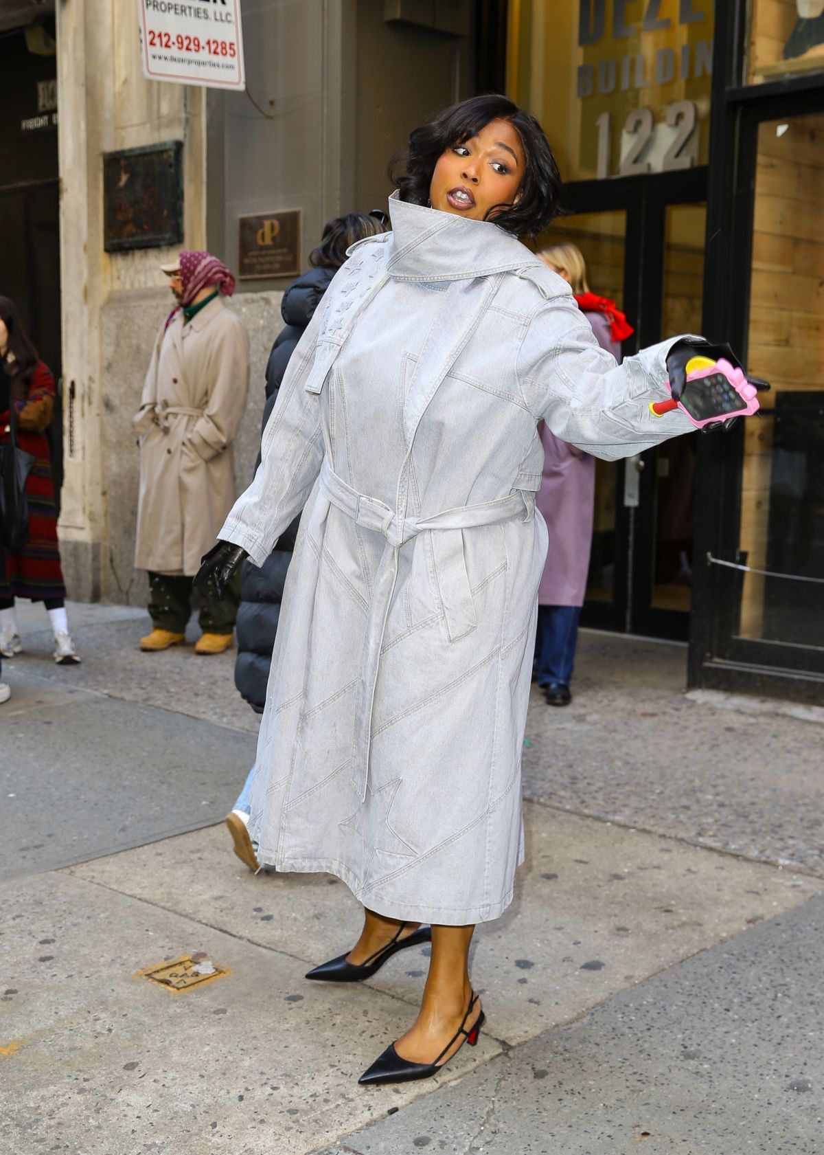 LIZZO Out in a Chic Grey LV Denim Coat and Black Heels 09/07/2025 ...